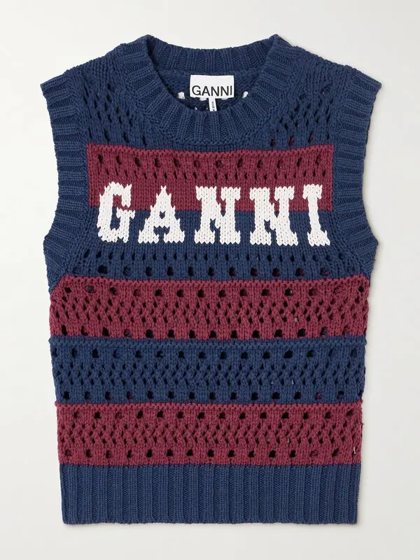 GANNI Cropped Open-knit Recycled Cotton-blend Vest - Blue