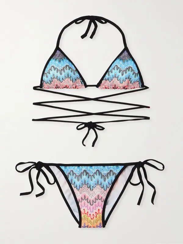 Missoni Mare Sequin-embellished Striped Crochet-knit Triangle Bikini - Blue