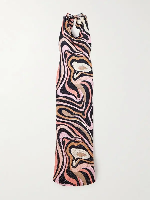 Emilio Pucci Marmo Crystal-embellished Printed Halterneck Maxi Dress - Pink