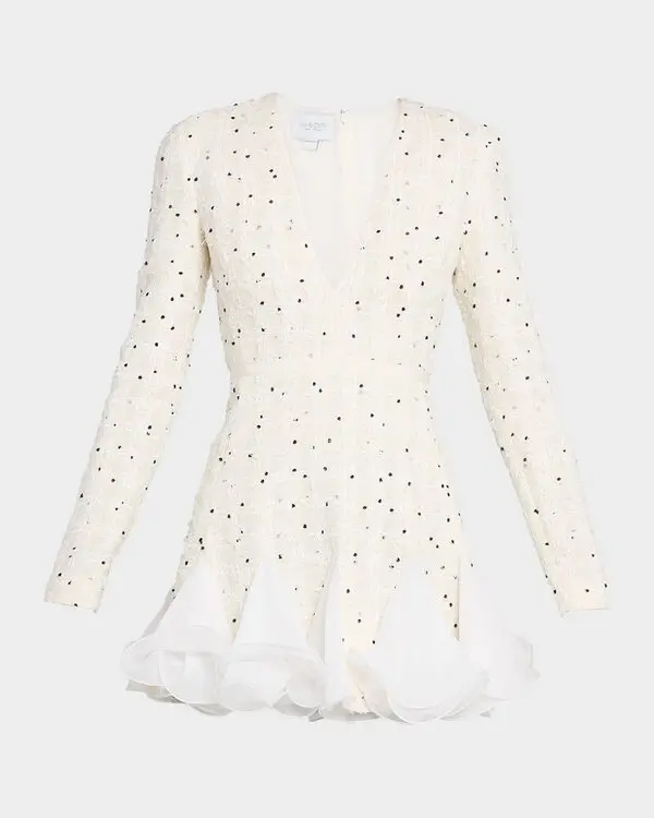 Giambattista Valli Polka-dot Boucle Long-sleeve Godet Mini Dress - Ivory