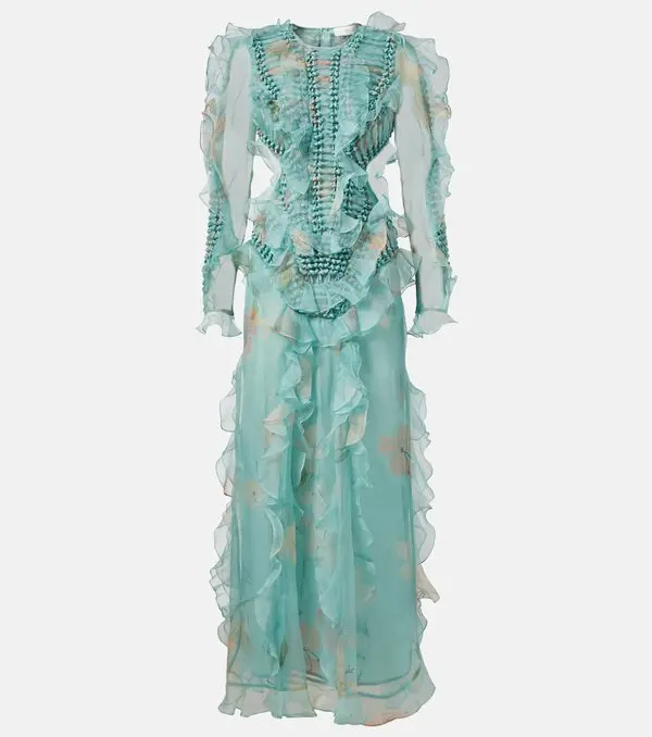 Zimmermann Illuminate Floral Ruffled Gown - Blue