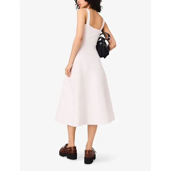 Maje Square-neck Flared-skirt Knitted Midi Dress