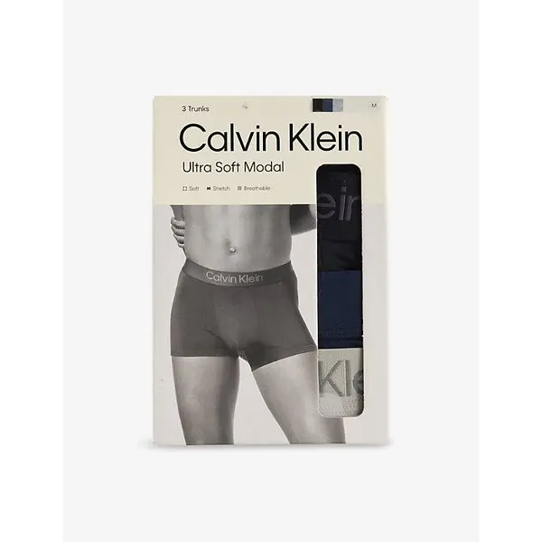 Calvin Klein Soft Modal Logo-waist Pack Of Three Stretch-jersey Trunks - Blk S/line Gheather