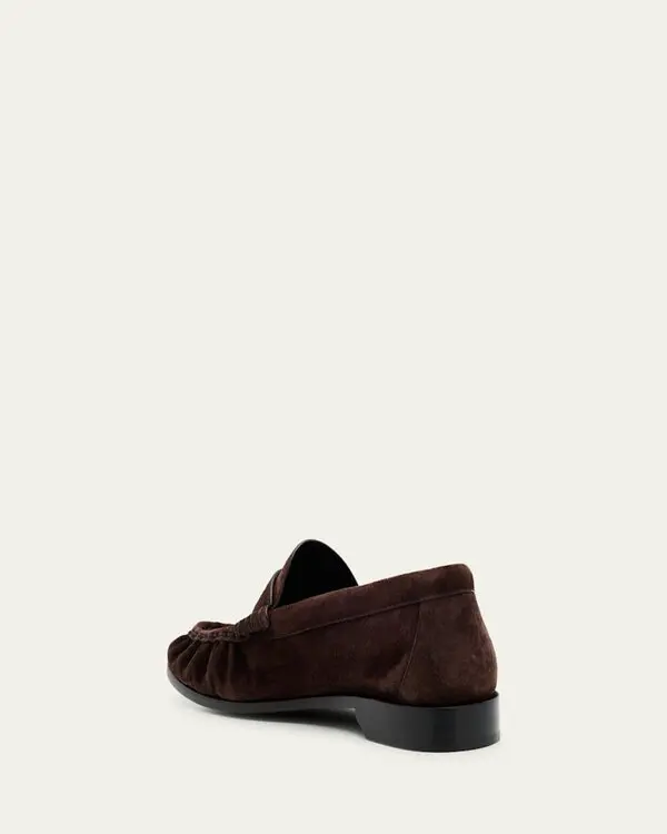 Saint Laurent Suede Cassandre Penny Loafers - Dark Chocolate