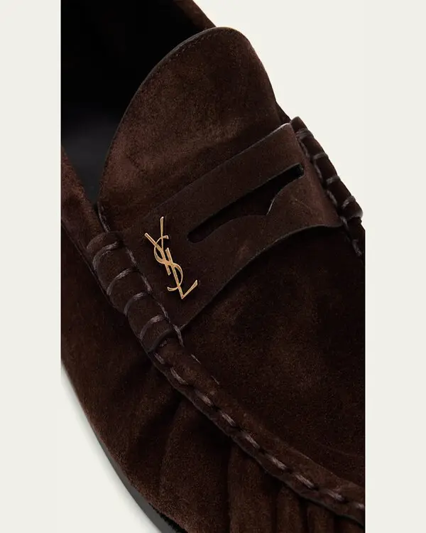 Saint Laurent Suede Cassandre Penny Loafers - Dark Chocolate