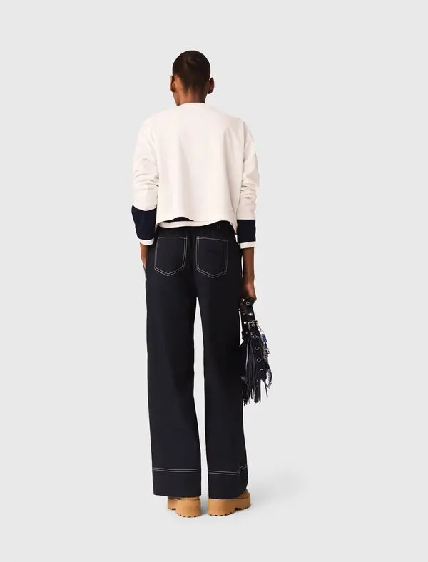Maje Belted Cotton Canvas Trousers With Contrasting Topstitching - Navy