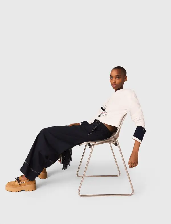 Maje Belted Cotton Canvas Trousers With Contrasting Topstitching - Navy