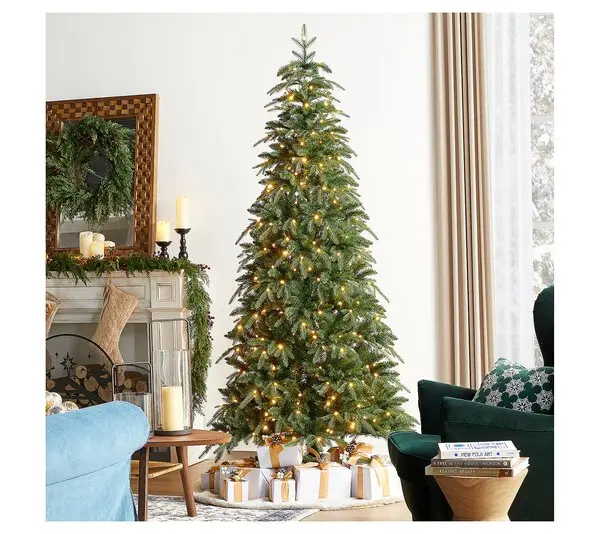 GLITZHOME 7.5' Led Pre-lit Green Fir Slim Faux Hristmas Tree - One-color