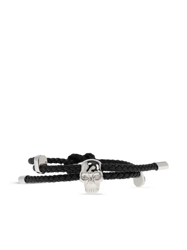 Alexander McQueen Skull Braided Leather Bracelet - Black