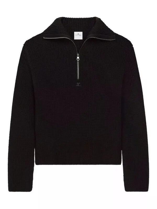 COURREGES Zip-neck Ribbed-knit Sweater - Black