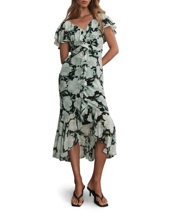 Mint Velvet Floral Print Ruffle Maxi Dress In Green | Editorialist