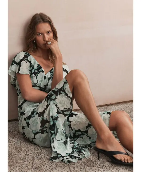 mint velvet green dress Mint Velvet Green Beige Blend Printed Midi Dress | Size 14 | Green | Sleeveless main image 0