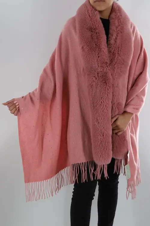 La Fiorentina Embellished Cashmere Wrap With Faux Fur - Pink