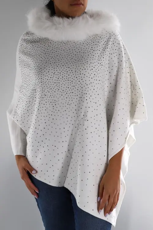 La Fiorentina Embellished Poncho With Faux Fur Collar - White