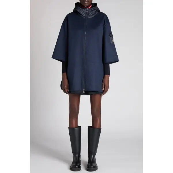 Moncler Wool Blend Felt Hooded Cape - P77-navy