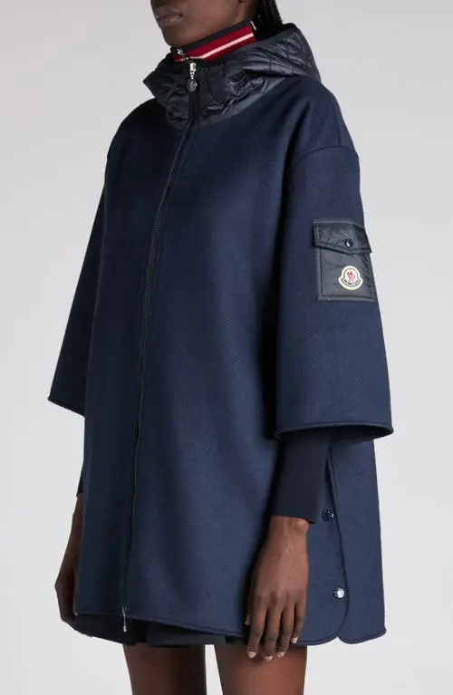 Moncler Wool Blend Felt Hooded Cape - P77-navy