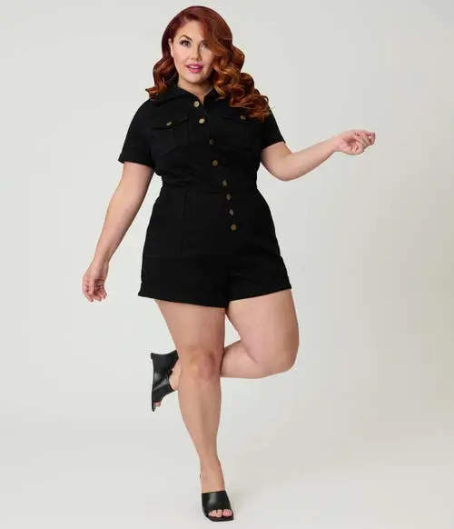 Unique Vintage Button-up Romper With Pockets - Black Solid