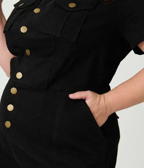 Unique Vintage Button-up Romper With Pockets - Black Solid