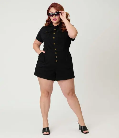 Unique Vintage Button-up Romper With Pockets - Black Solid
