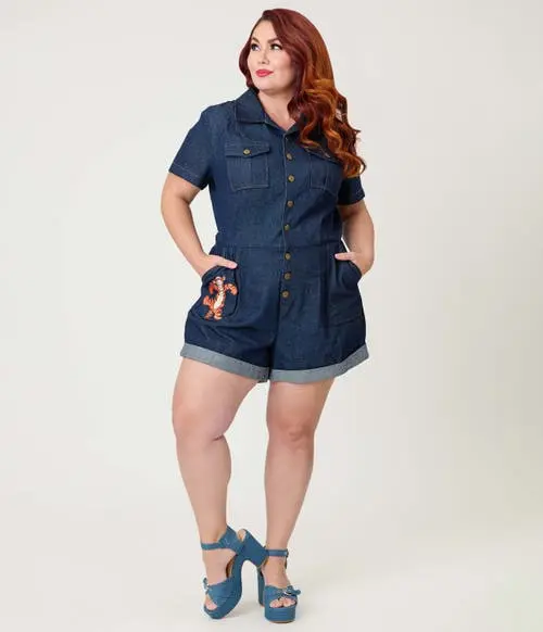Unique Vintage Button-up Romper With Pockets - Dark Denim W/embroidery