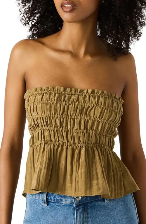 Steve Madden Cambria Strapless Smocked Peplum Top - Deep Olive