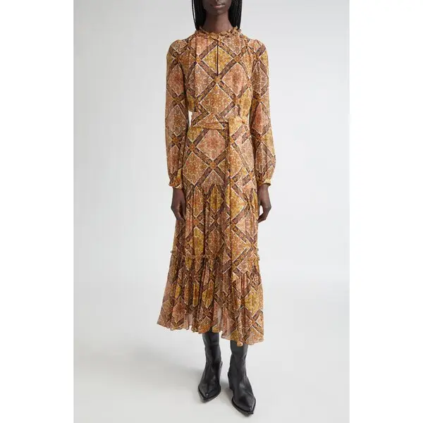 Etro Floral Print Long Sleeve Crepon Midi Dress - Stampa F.do Bejge