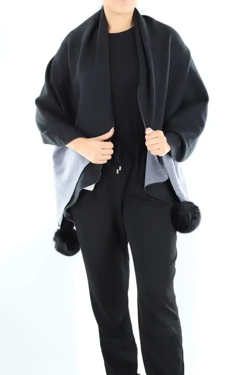 La Fiorentina Two Tone Scarf With Faux Fur Poms - Black