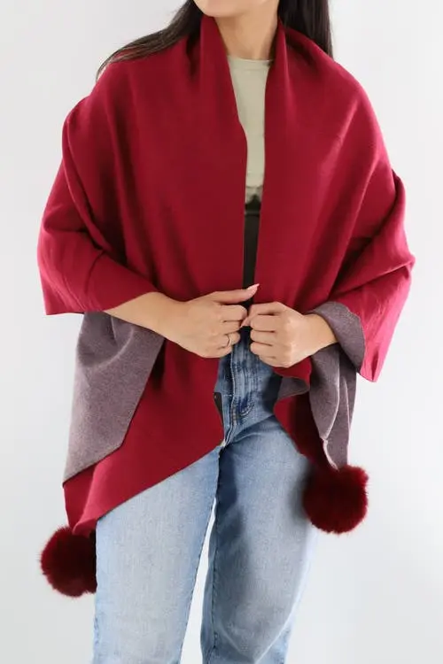 La Fiorentina Two Tone Scarf With Faux Fur Poms - Wine