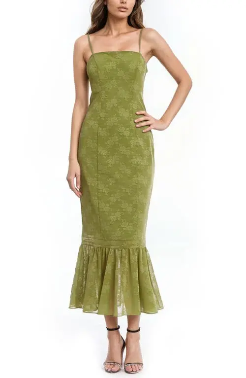 Badgley Mischka Floral Ruffle Hem Pencil Dress - Green