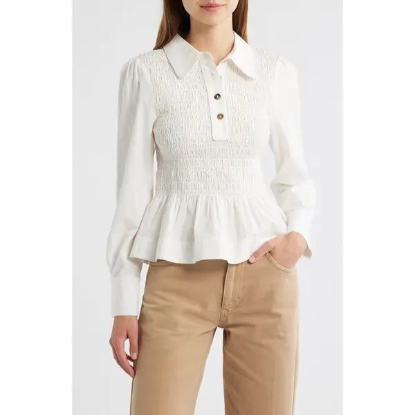 DAMSON MADDER Hazel Smocked Peplum Polo Shirt - White