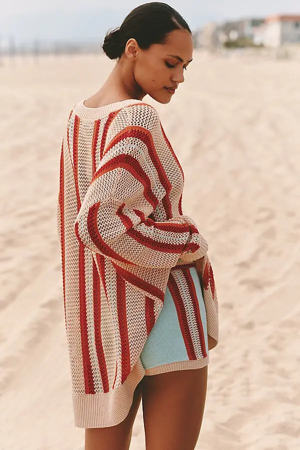 CELANDINE Side-slit Oversized Pullover - Cream/red/blue