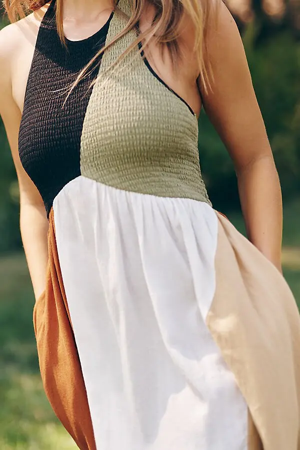 CELANDINE Linen Blend Smocked Halter Midi Dress