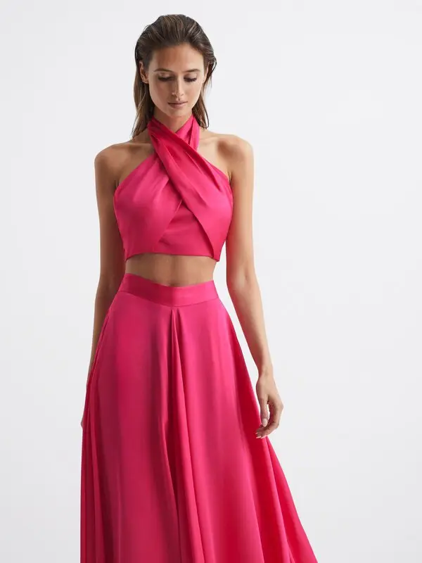 REISS Ruby Cropped Halter Top - Pink