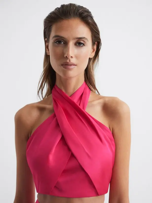REISS Ruby Cropped Halter Top - Pink