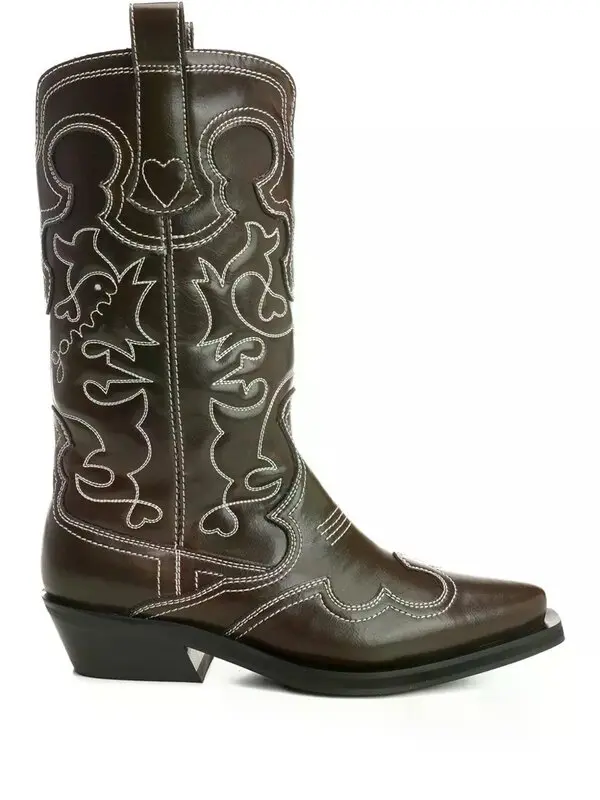 GANNI Leather Embroidered Boots - Brown