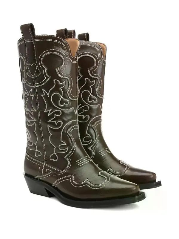 GANNI Leather Embroidered Boots - Brown