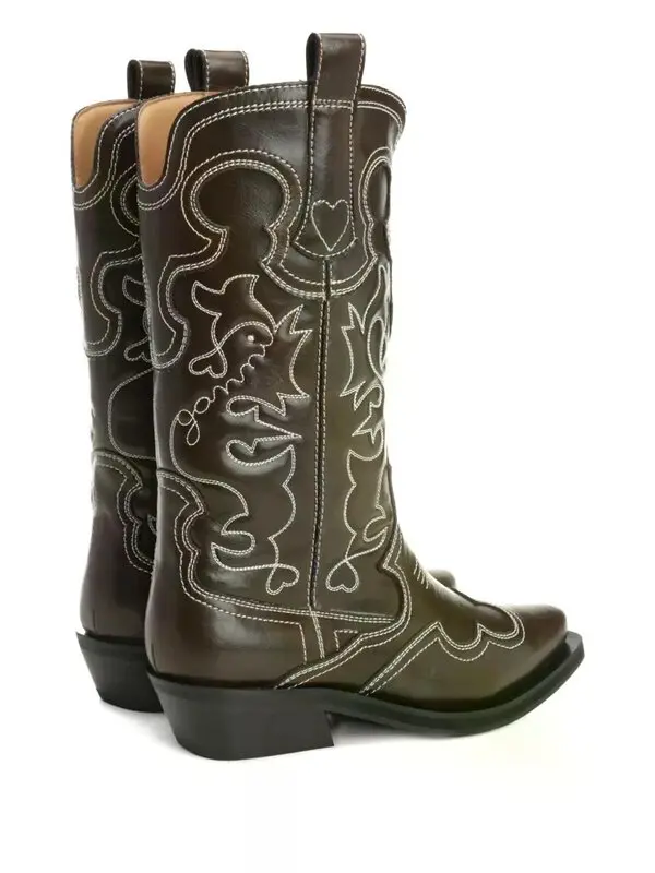 GANNI Leather Embroidered Boots - Brown