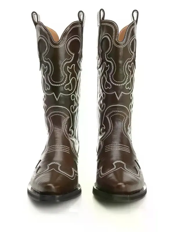 GANNI Leather Embroidered Boots - Brown