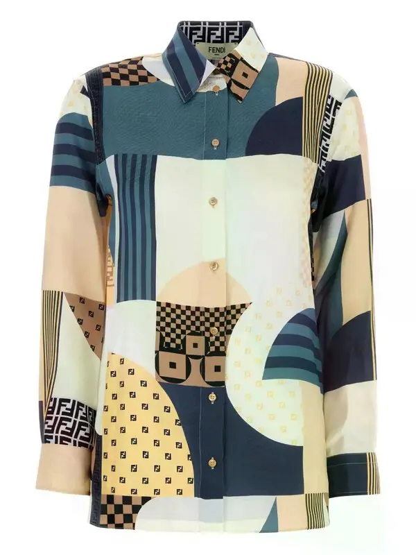 Fendi Geometric-print Silk Shirt - Neutrals