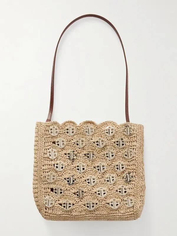 Rabanne Leather-trimmed Embellished Woven Raffia Shoulder Bag