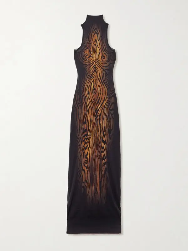 JEAN PAUL GAULTIER Layered Draped Printed Stretch-tulle Turtleneck Maxi Dress - Brown