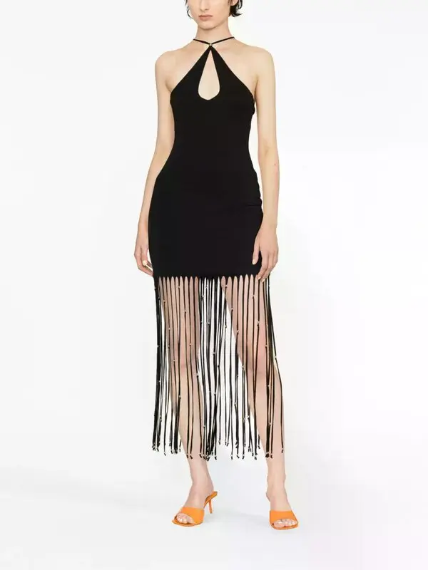 ROTATE BY BIRGER CHRISTENSEN Fringe-detailing Cut-out Halterneck Dress