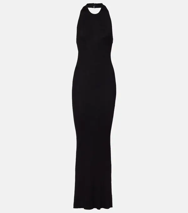 NILI LOTAN Ribbed-knit Halterneck Maxi Dress - Black