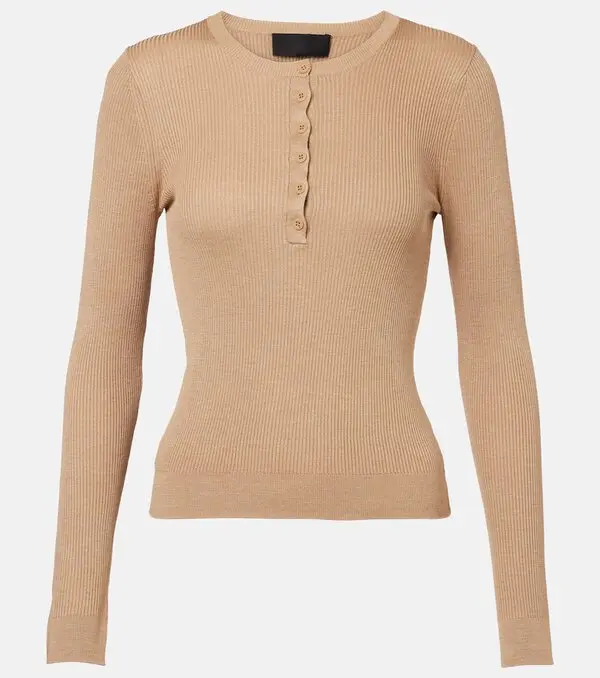 NILI LOTAN Kyrie Ribbed-knit Silk Henley Shirt - Beige
