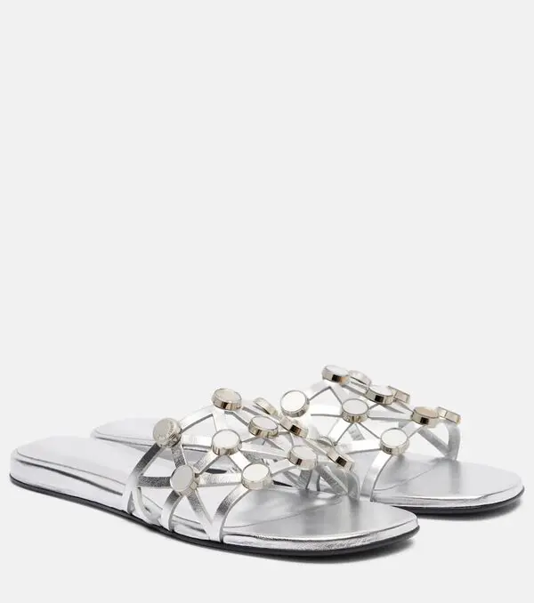 Attico Grid Embellished Leather Flat Sandals - Silver