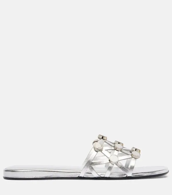 Attico Grid Embellished Leather Flat Sandals - Silver