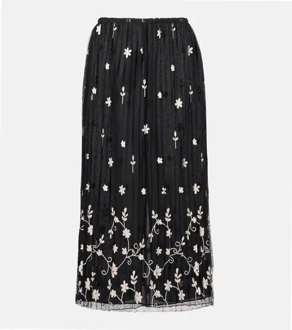 TOTEME Embroidered Plissé Tulle Midi Skirt - Black