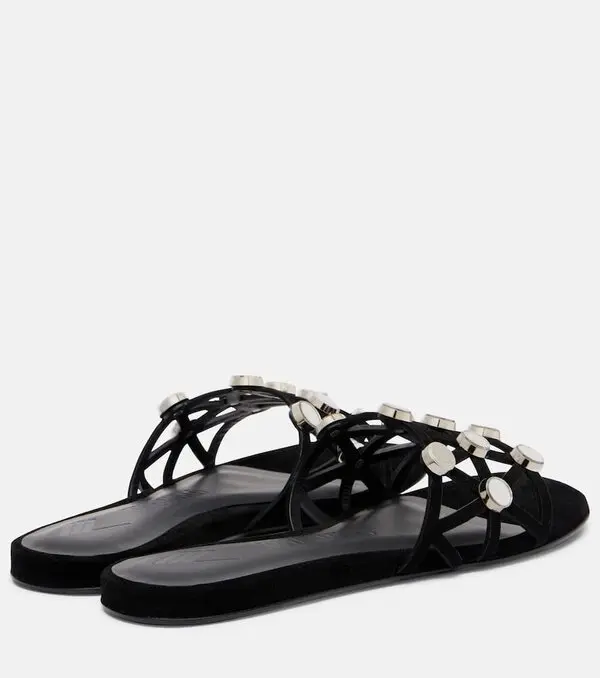 Attico Grid Embellished Suede Flat Sandals - Black