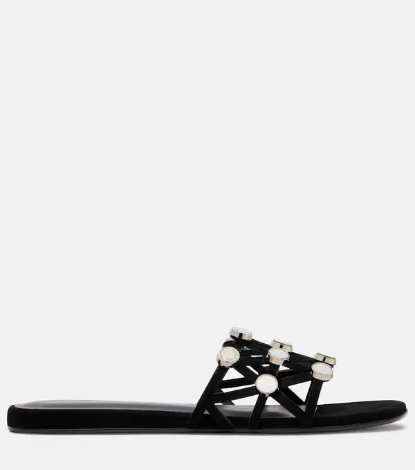 Attico Grid Embellished Suede Flat Sandals - Black
