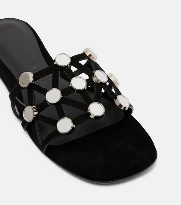 Attico Grid Embellished Suede Flat Sandals - Black